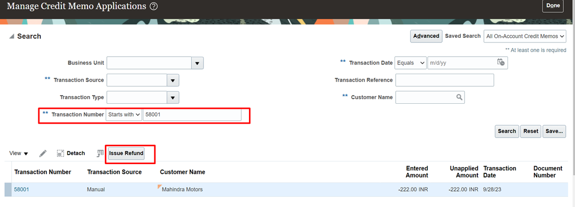 Credit Memo Refund to Customer